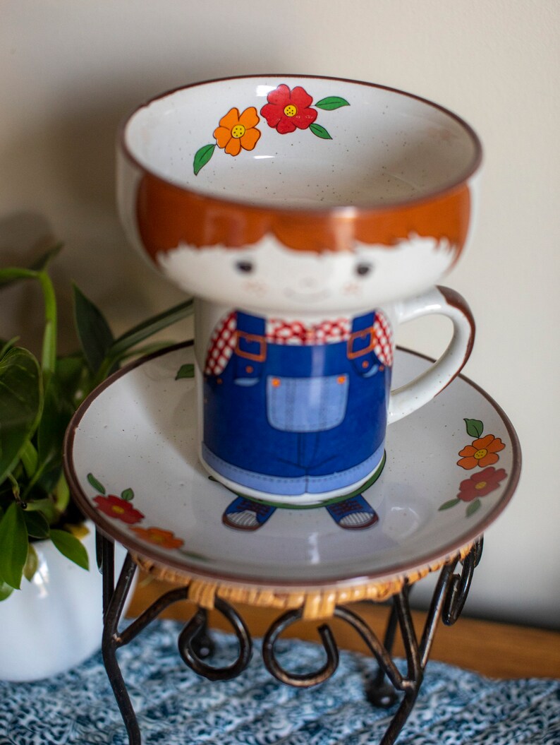 Vintage Interpur Plaid Farmer Boy Three Piece Kids Dining Set - Bowl ...