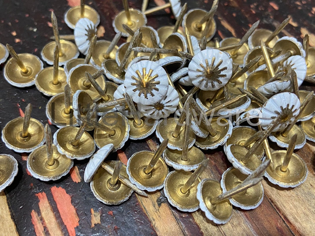 50 Pcs 11mmx17mm Thick White and Golden Color Upholstery Tacks Nails ...