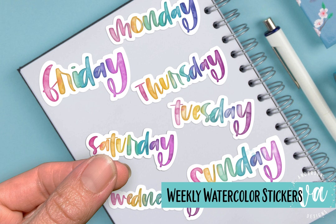 Rainbow Watercolor Days of the Week Sticker Pngs | Digital Files - Etsy