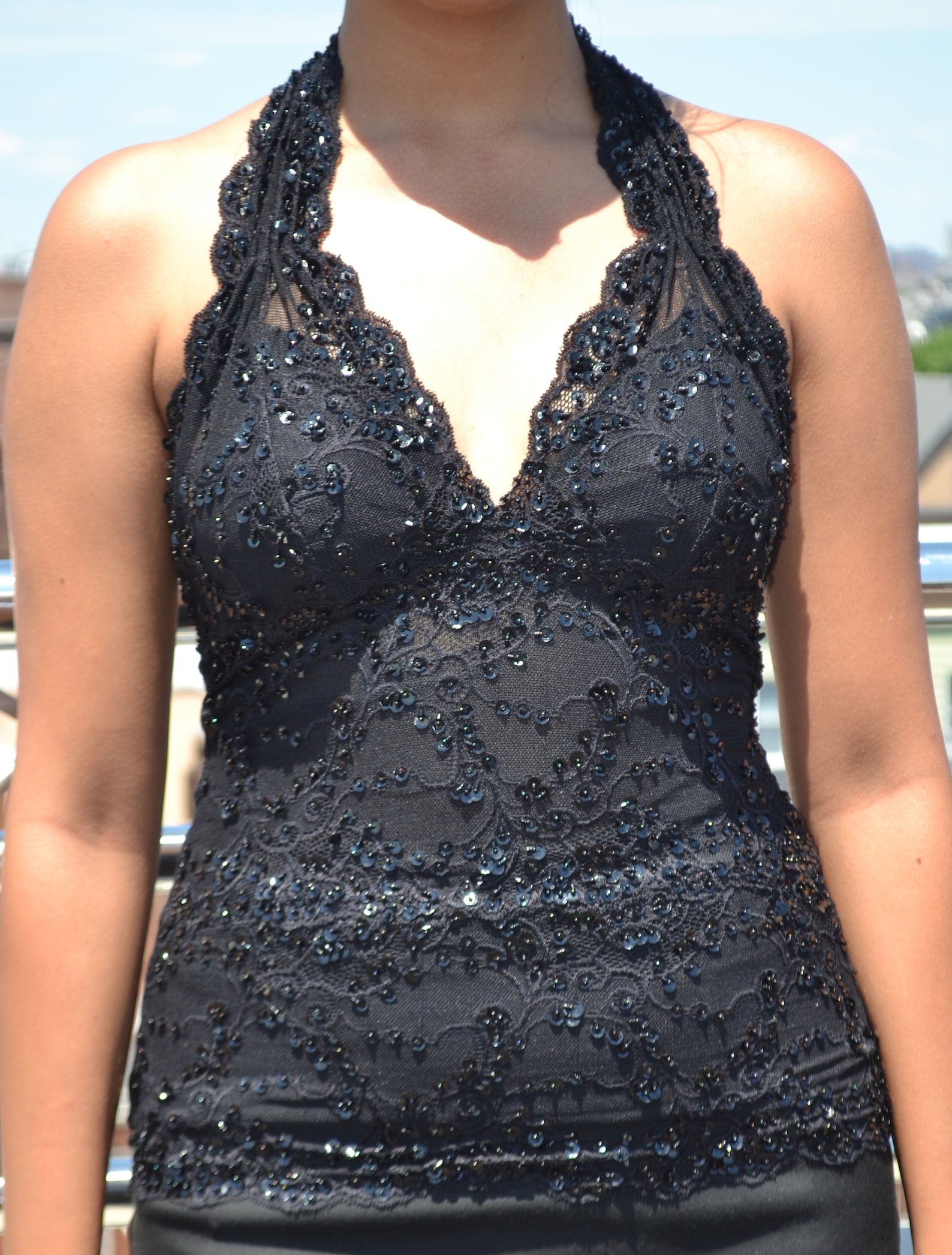 Sequinned Black Stretch Lace Halter Top Open Back Hand Decorated With ...