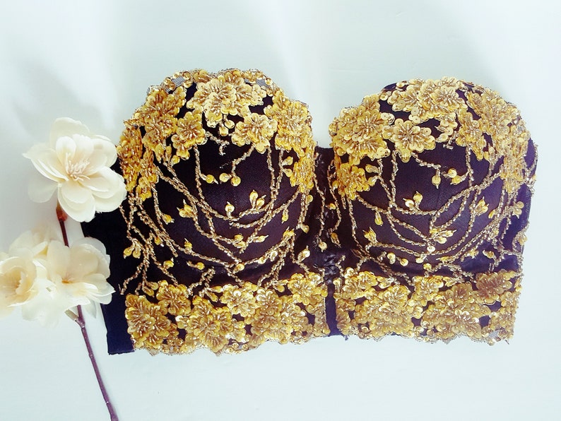 Black and Matte Gold Bra Crop Top Half Corset Bustier - Etsy