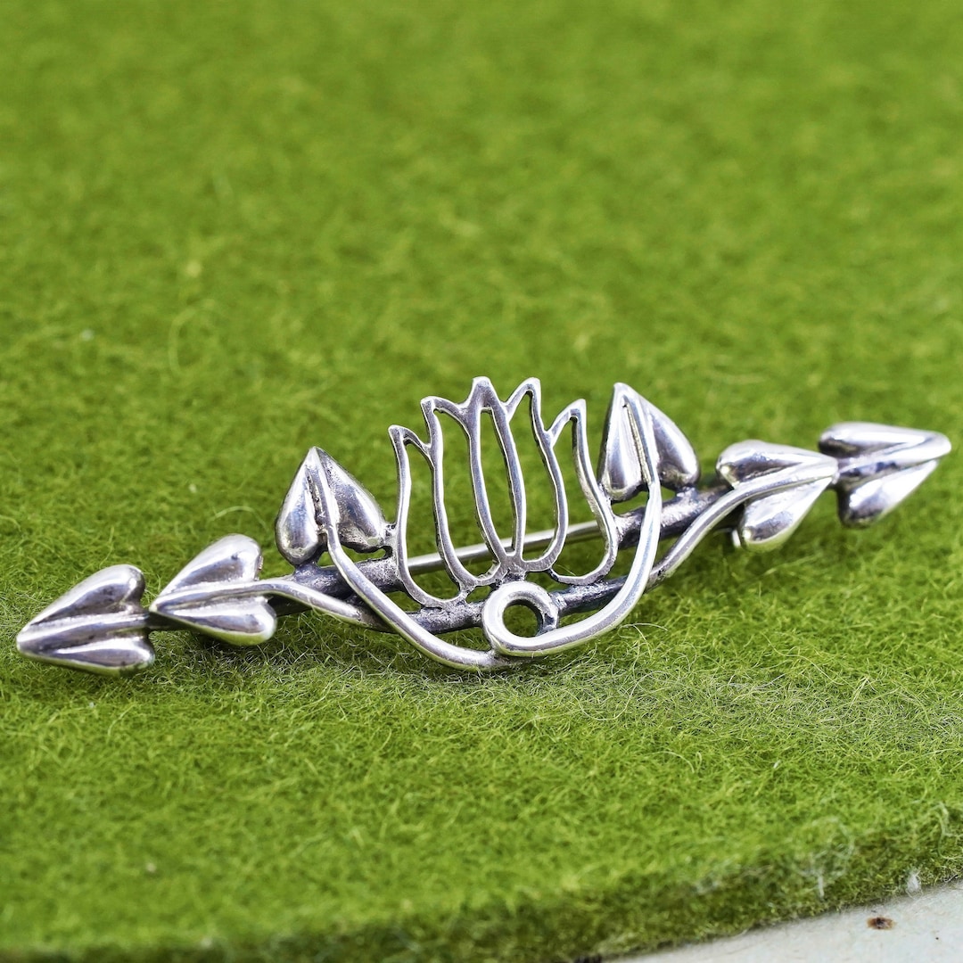 Vintage Long Sterling Silver Handmade Brooch, 925 Flower Pin, Stamped ...