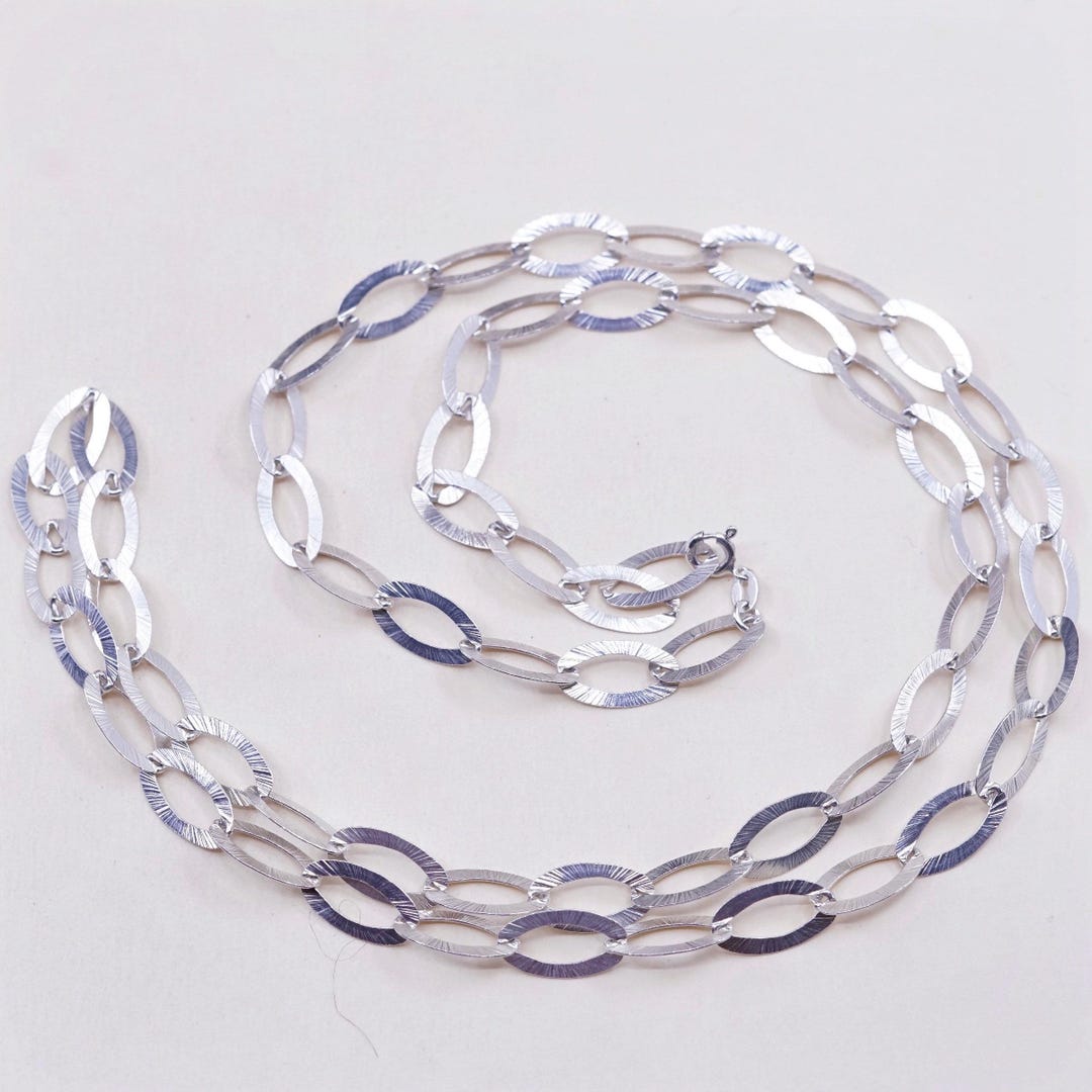 30”, KA 1772 Sterling Silver Flatten Textured Oval Chain, Italy 925 ...