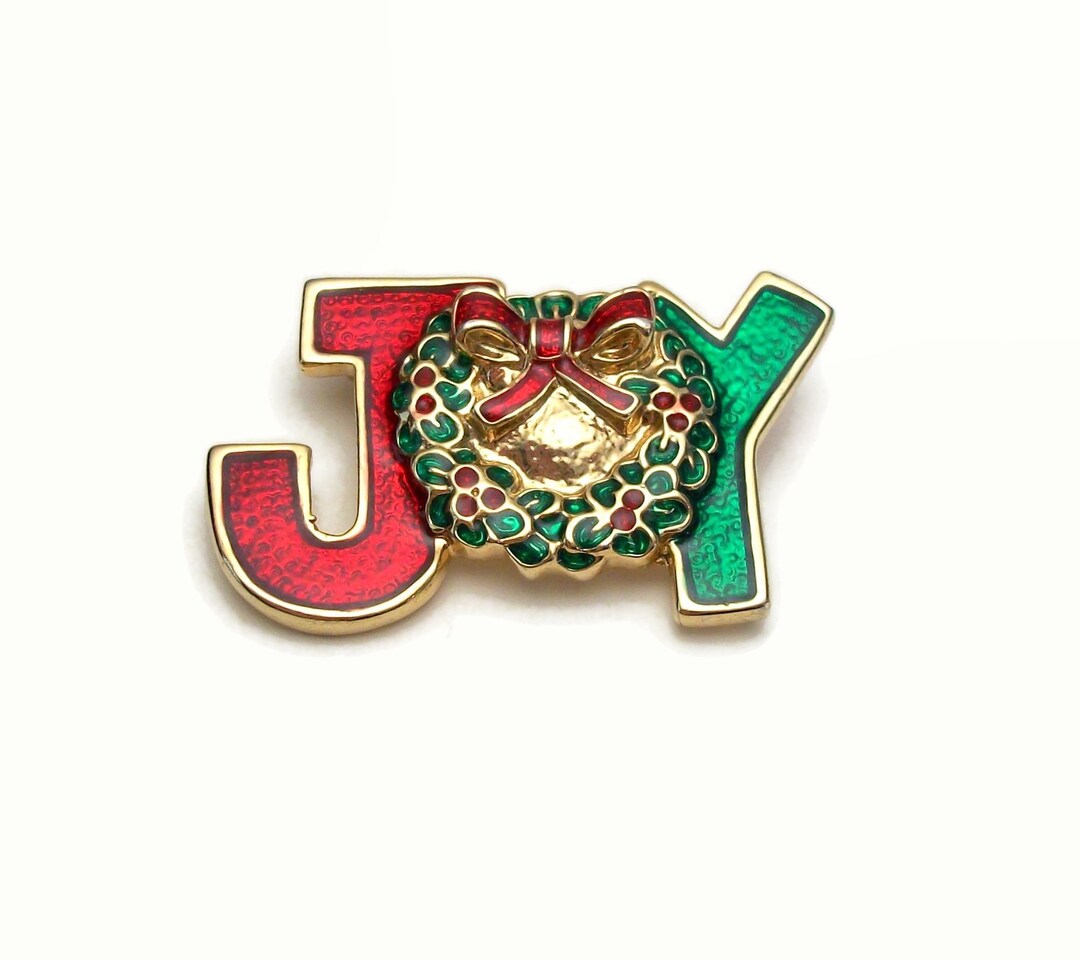 Vintage Enamel Joy Christmas Brooch Red Green and Gold Wreath Word Joy ...