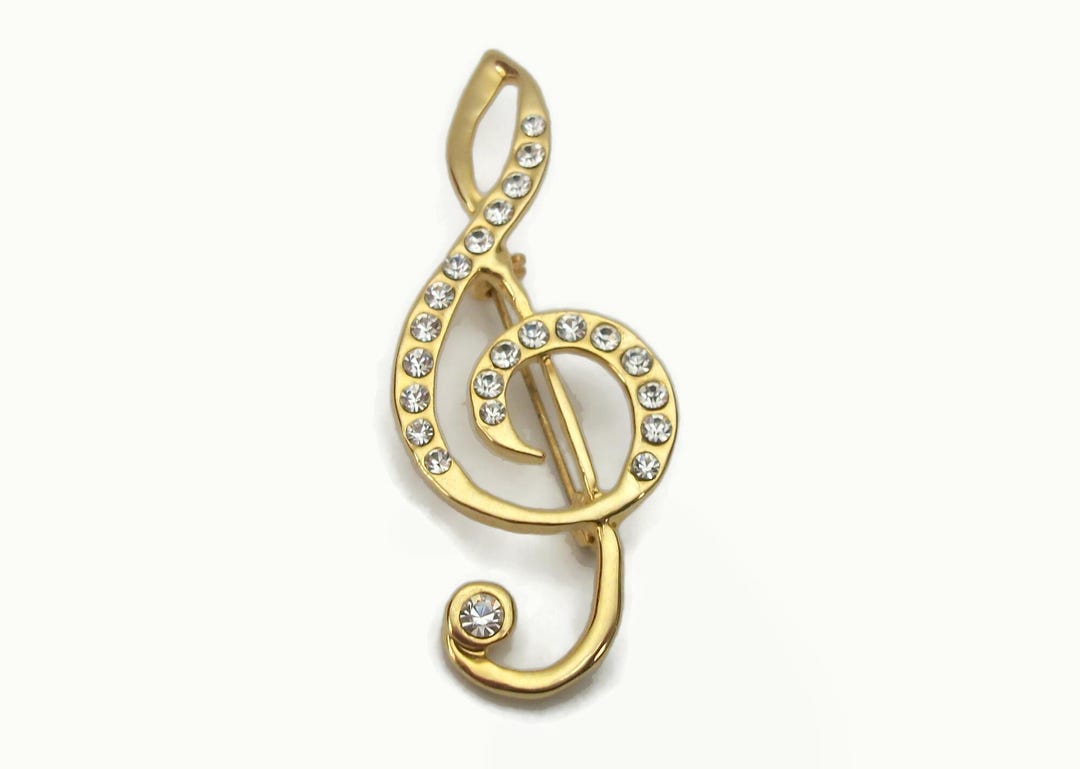 Vintage Treble Clef Brooch Gold With Clear Rhinestones Music Lapel Pin ...