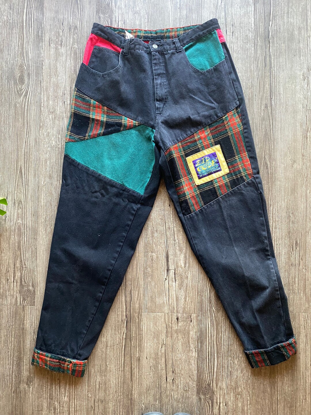Vintage 90s Colour Block Patch Hammer Pants ZIPCODE Plaid Jeans Patch ...