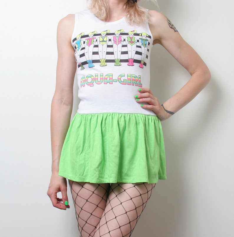Vintage 90s Neon Aqua Girl Tank Top With Slime Green Ruffle | Etsy