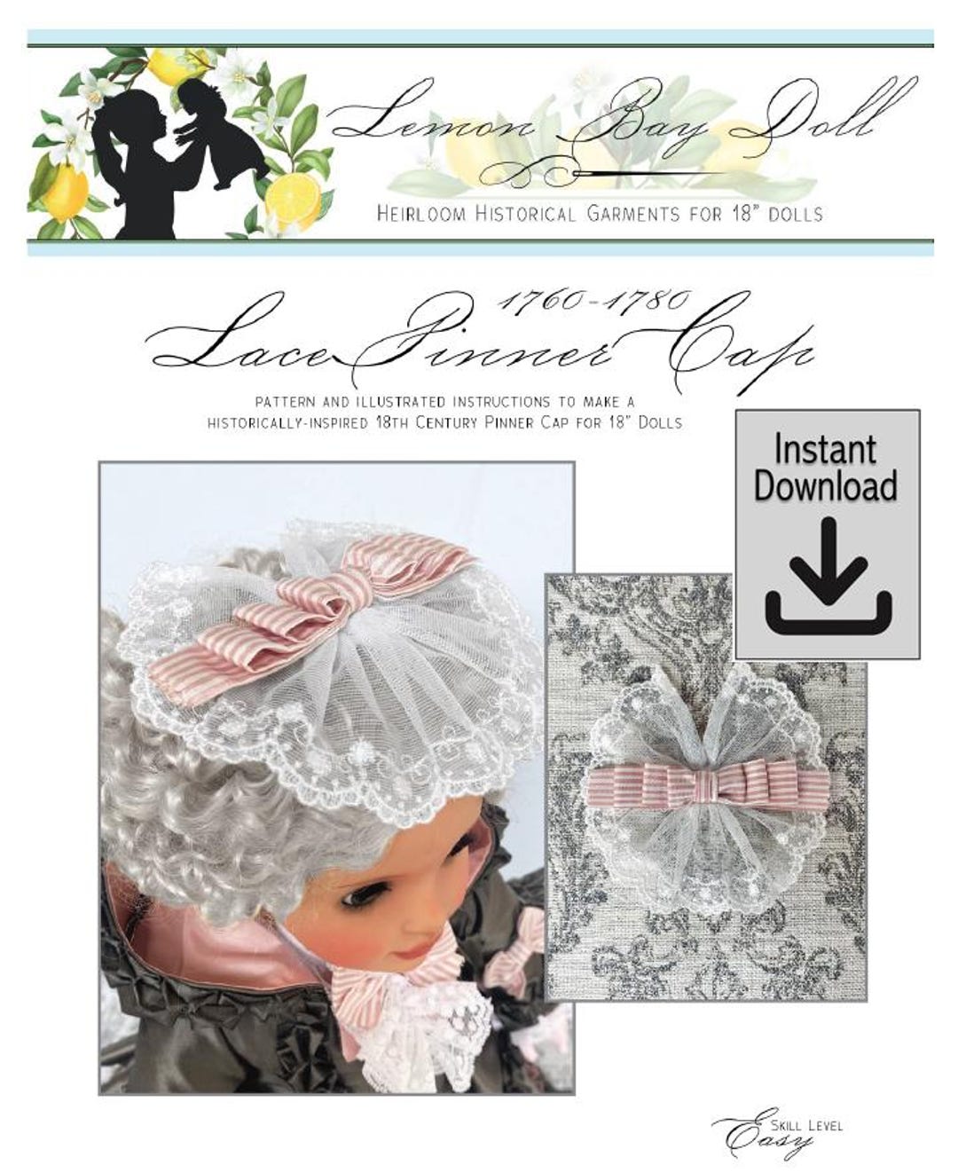 PATTERN 1760-80 Lace Pinner Cap Tutorial for 18" Dolls (PDF Digital ...