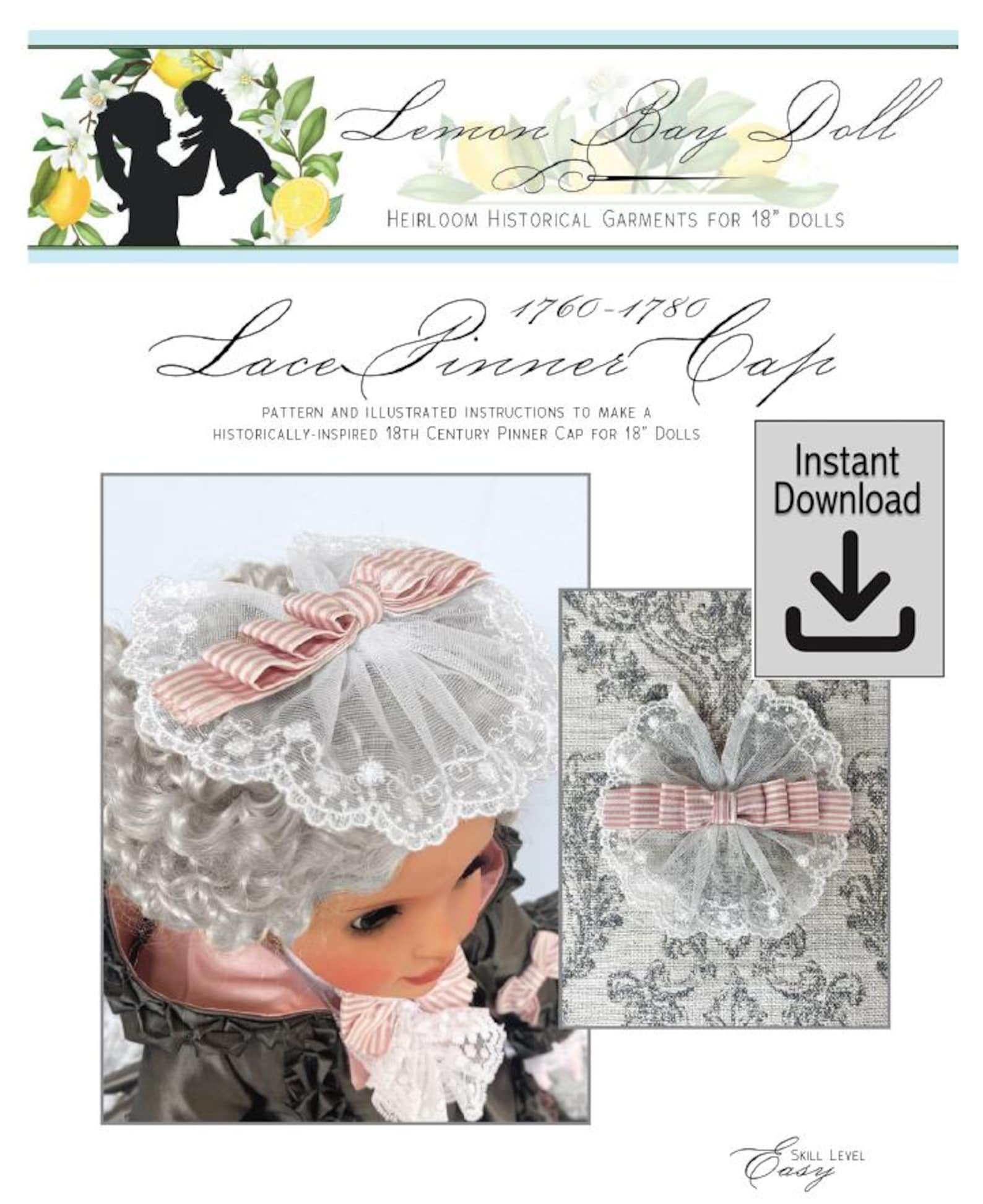 PATTERN 1760-80 Lace Pinner Cap Tutorial for 18" Dolls (PDF Digital ...