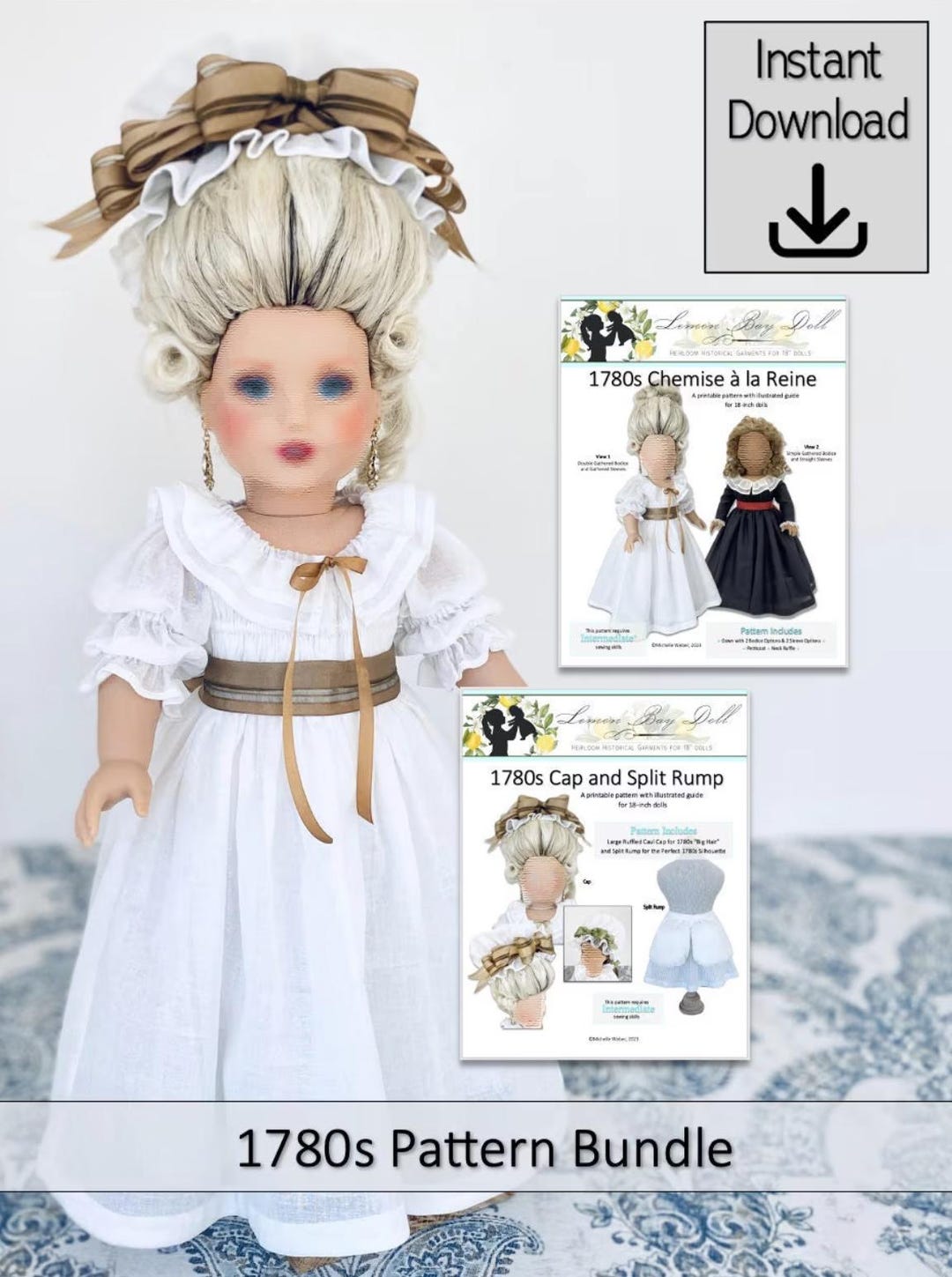 1780s Doll Dress Pattern Bundle: Chemise à La Reine, Cap, Split Rump ...