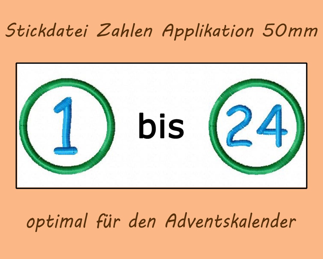 Stickdatei Adventskalender Zahlen Buttons 50mm Durchmesser Applikation ...