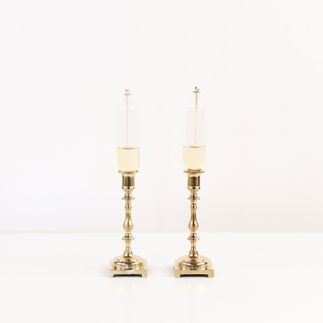 Vintage Solid Brass Clear Glass Oil Lamp Style Candles Candlesticks ...