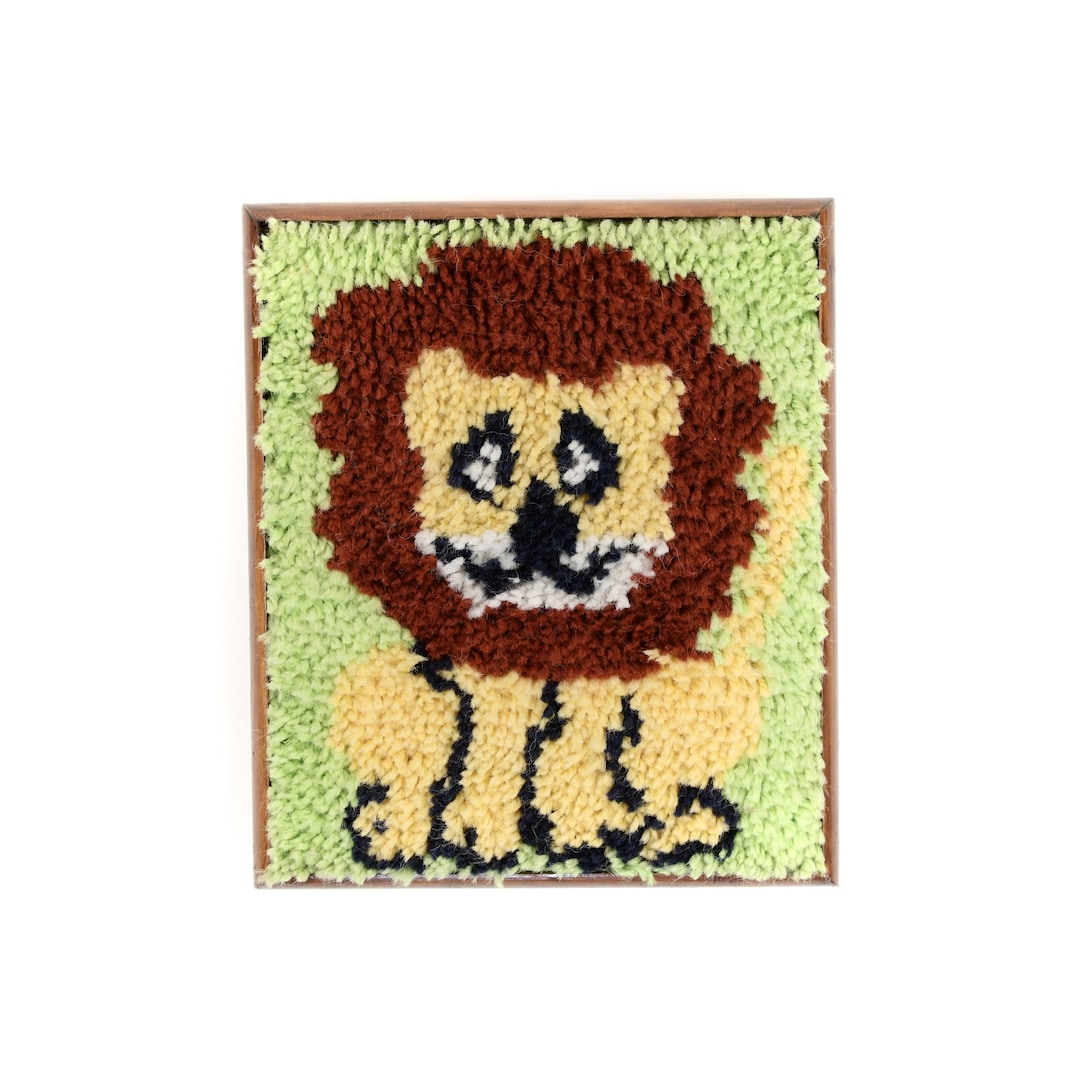 Vintage Lion Hook Rug: 1980s Shaggy Acrylic Yarn, Wood Frame - Etsy