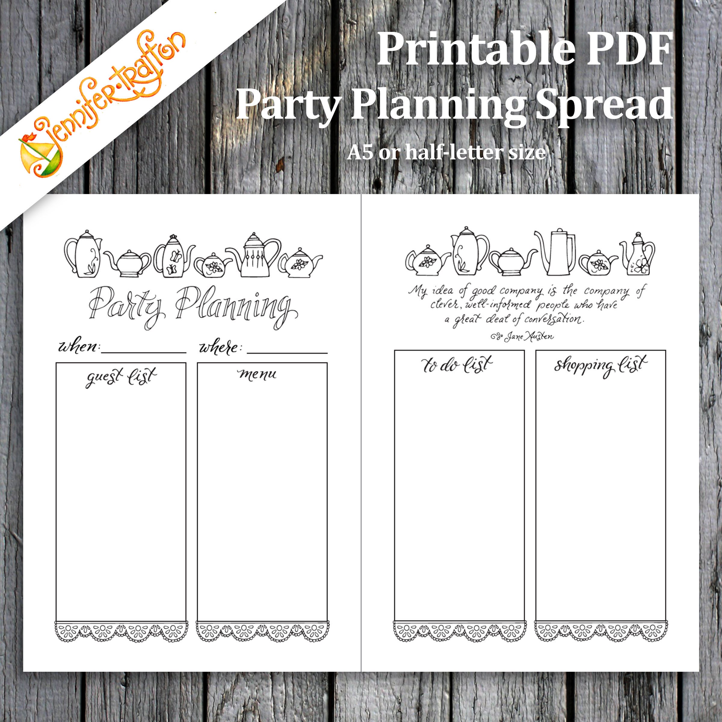 Party Planning Bullet Journal Spread / Jane Austen Quote / Instant ...