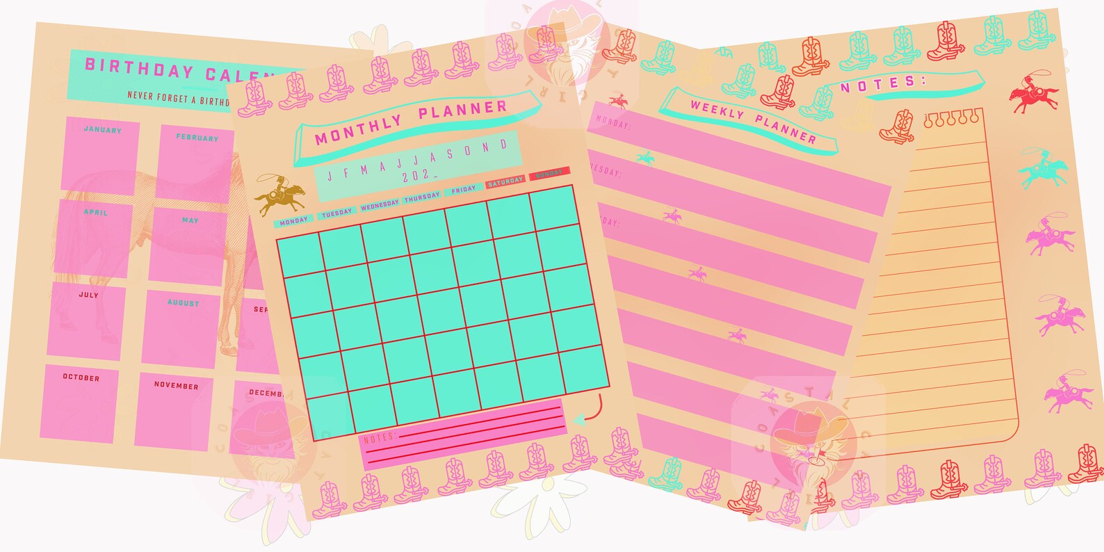 Cowgirl Barbie Pink and Turquoise Monthly and Weekly Planner (digital ...