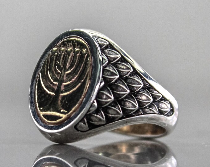 Emblem of Israel Signet Ring, Sterling Silver Classic Menorah Band, Man ...
