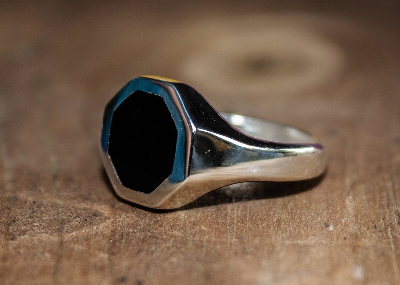 Sterling Silver Signet Ring Octagon Top With Black Enamel - Etsy