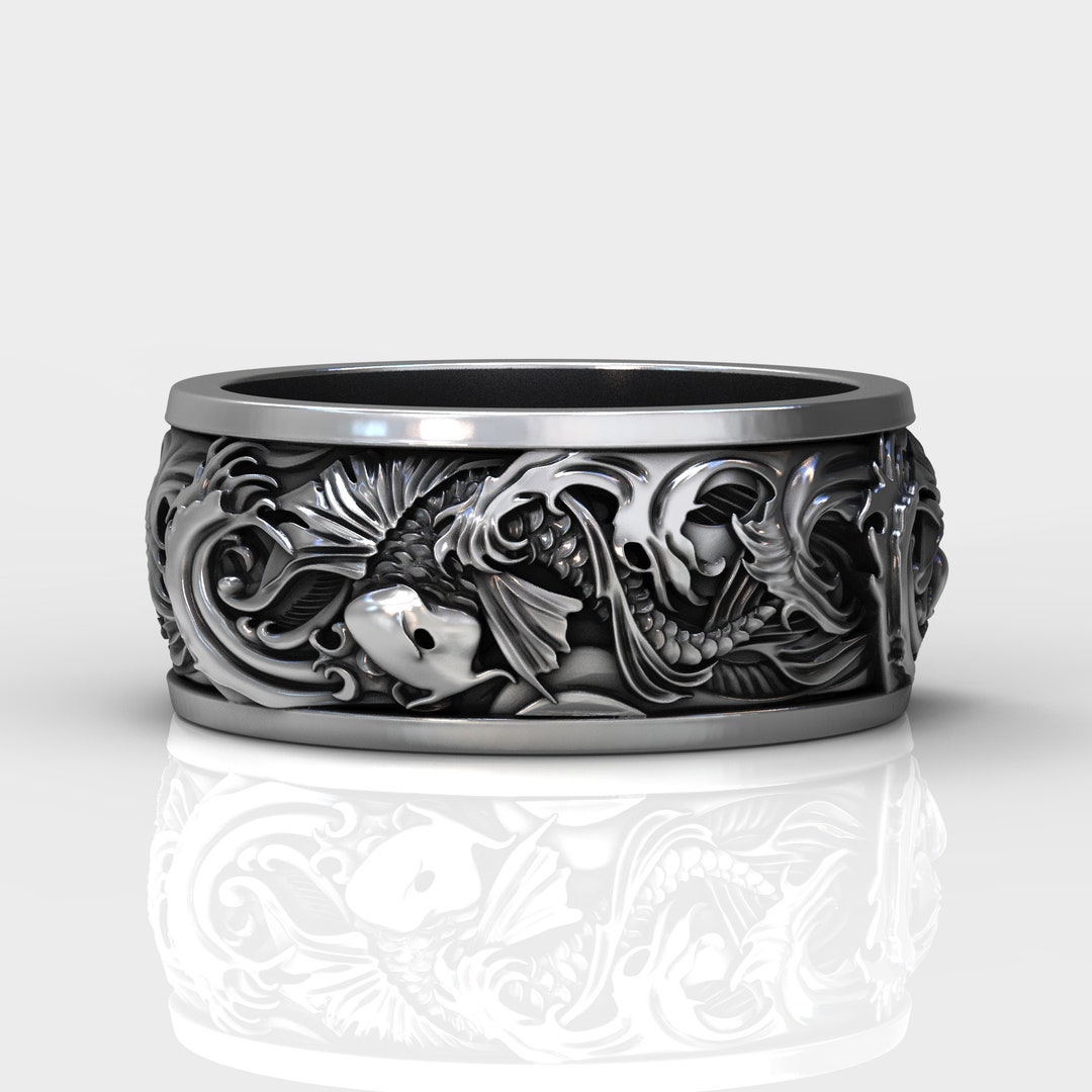 Carp and Waves Japanese Band Ring, Koi Fish Ring, Best Friend Ring and ...