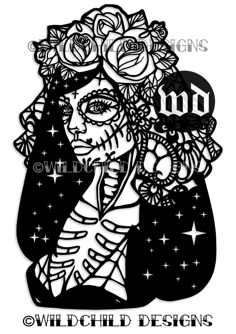 Day of the Dead Bride Papercutting Template, Tattoo Vinyl Template, SVG ...