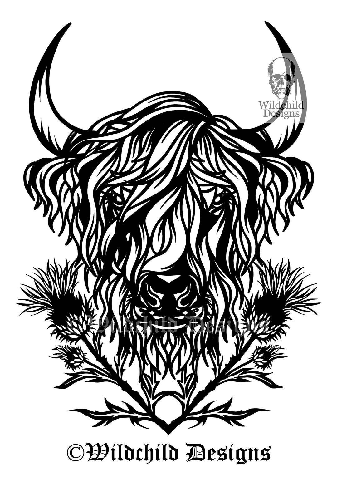Highland Cow & Thistles Papercutting Template, Highland Cow Vinyl ...
