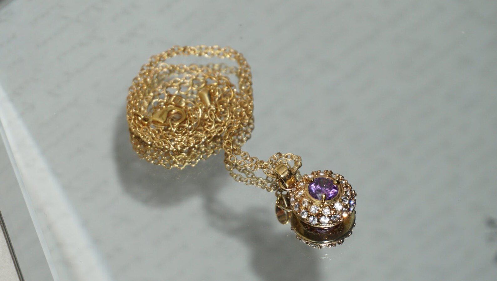 Gold Tone Faux Amethyst Crystal and Clear Rhinestones Pendant Necklace ...