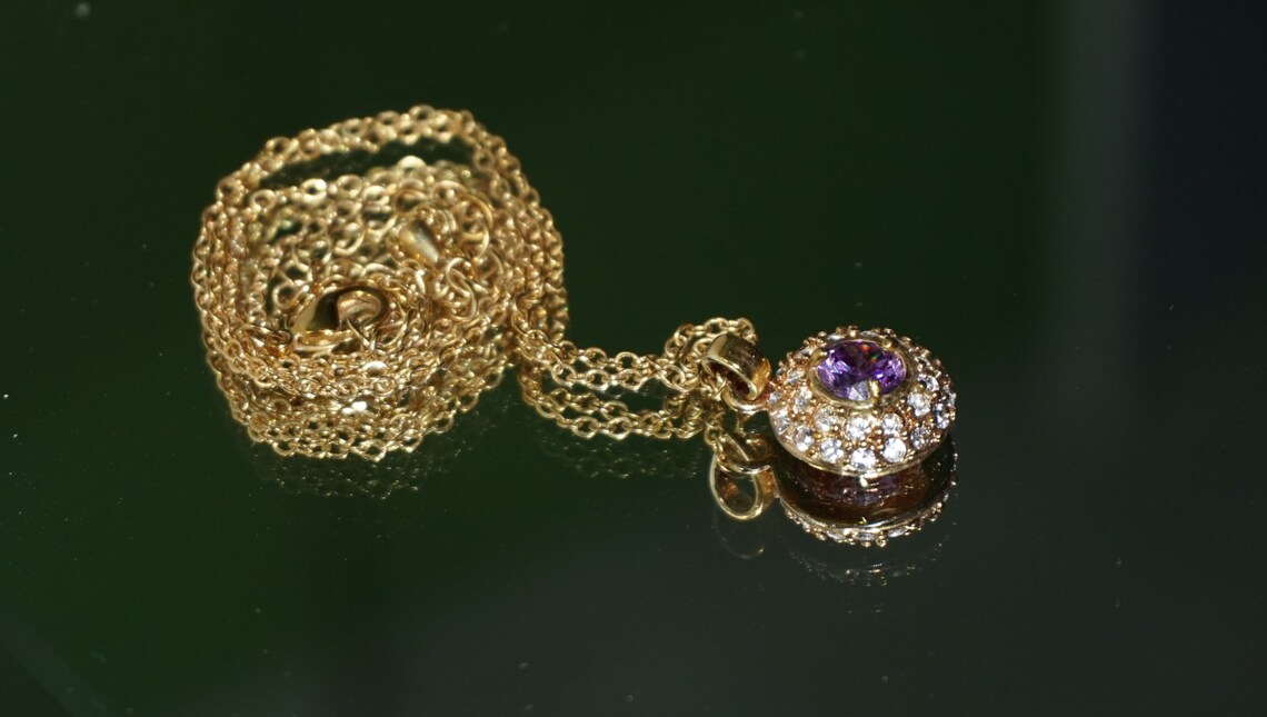 Gold Tone Faux Amethyst Crystal and Clear Rhinestones Pendant Necklace ...