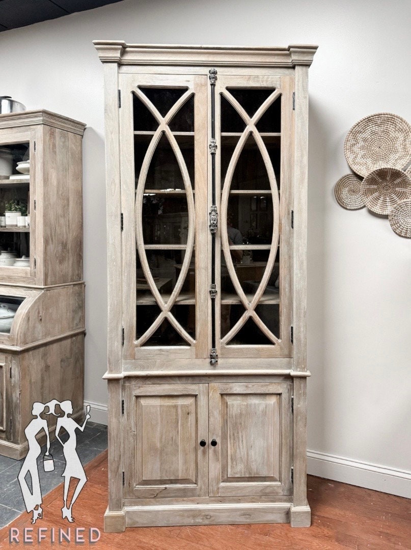 French Country Glass Pane Door Display Closet Tall Library Bookcase ...