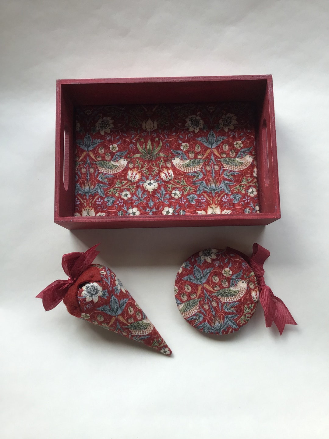 Red Floral Sewing Tray With Matching Need,e Case and Strawberry Emery ...