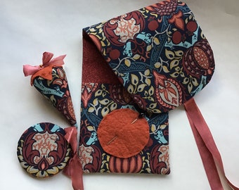 Teal Color Sewing Roll With Matching Needle Case and Strawberry Emery. William Morris Print ...