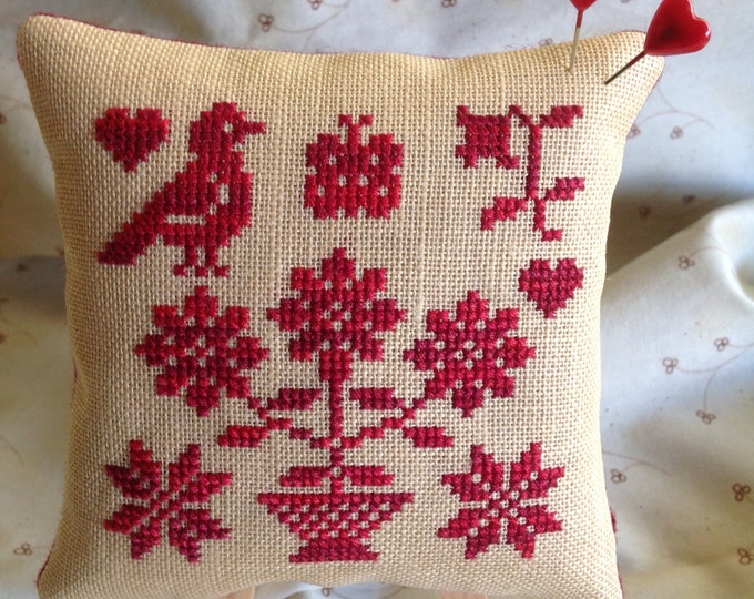 Cross Stitched Pin Cushion With Red Work Bird and Flowers. - Etsy