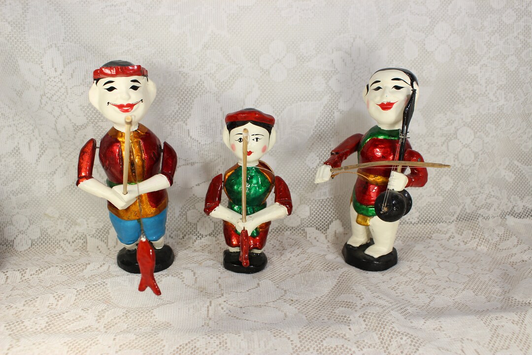 Vintage Chinese Carved Wood String Pull Dolls, High Gloss Enamel Bright ...