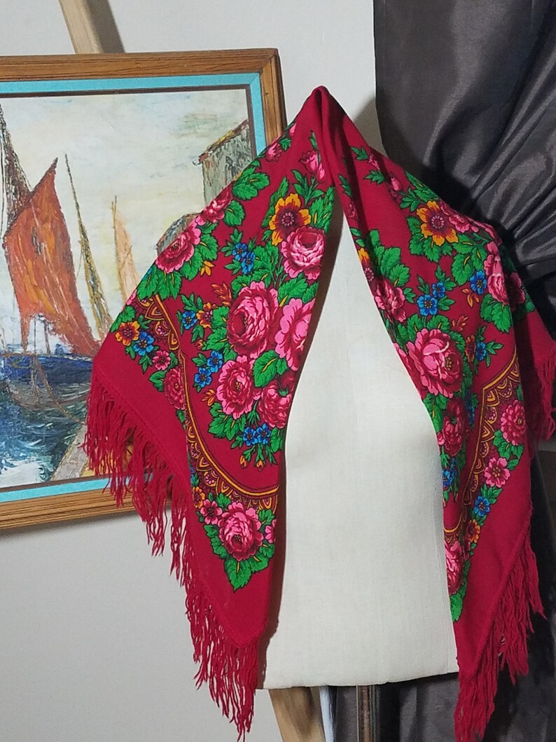 Vintage Large Shawl Red and Pink Roses Rayon Blend Spanish - Etsy