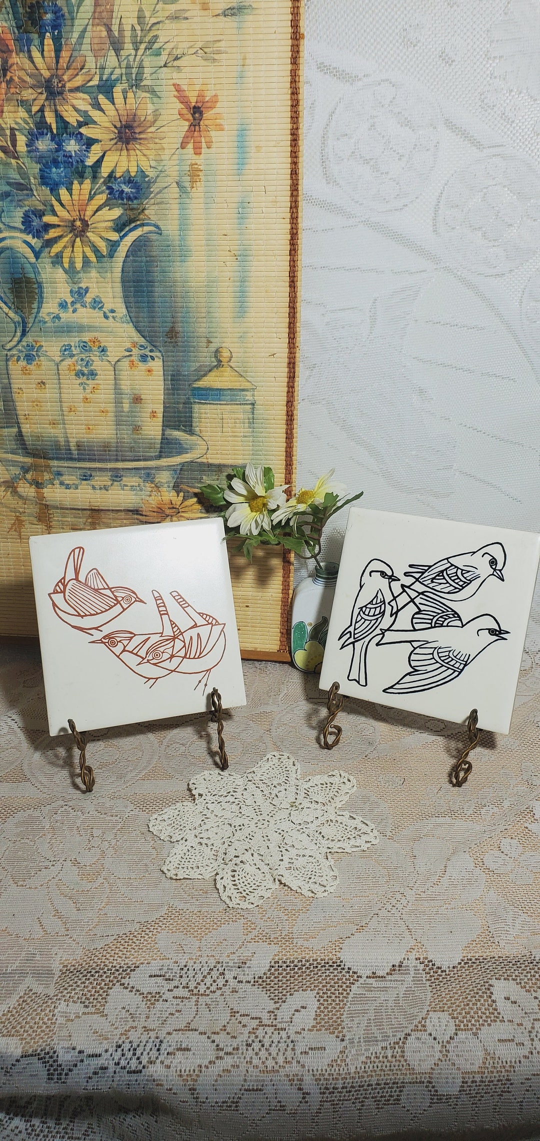 Vintage Ceramic Wall Tiles Birds Print Outline Drawing Art Trivets by ...