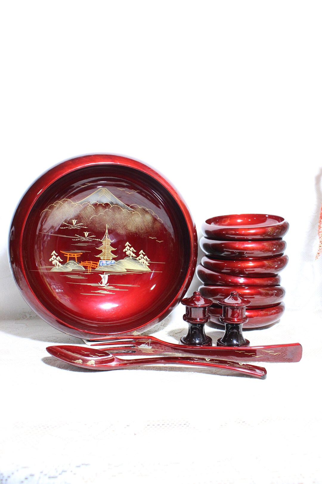 Vintage Japanese Red Lacquered Wood Salad Bowl 6 Serving Bowls ...