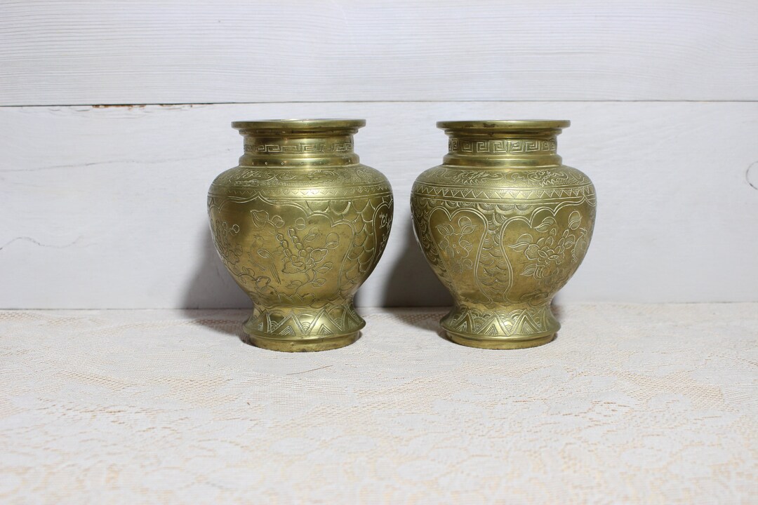 Antique Small Chinese Brass Vases, Etched Birds With Flowers China ...