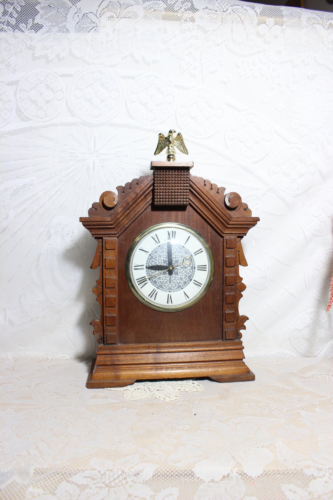 Vintage Wood Electric Mantle Clock , Eagle Finial With Movement by ...