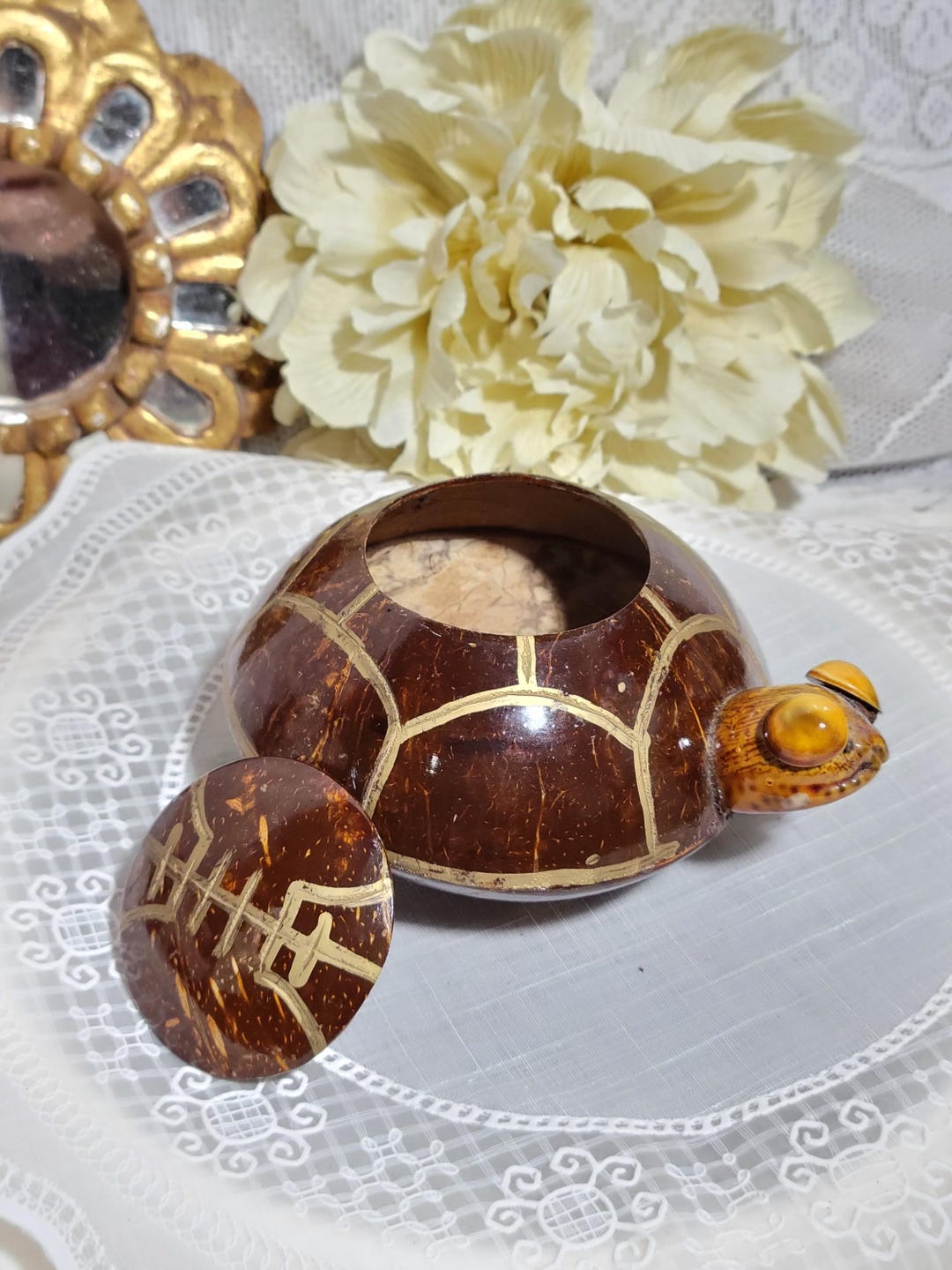 Vintage Turtle Figurine Lacquered Coconut Box, Vintage Jewelry Figural ...