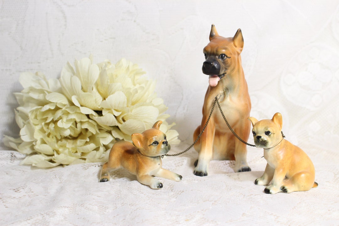 Vintage Boxer Dogs Figurines Mom and Puppies Bisque Porcelain Set of 3 ...