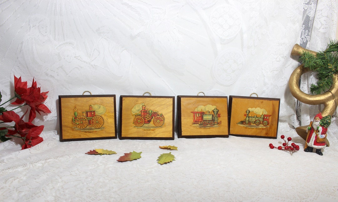 4 Vintage Small Wood Plaques With Train Engines, Locomotive Decor ...