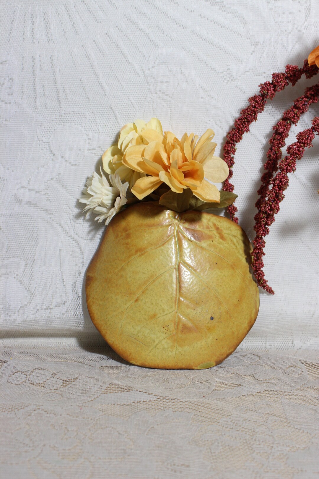 Vintage Studio Pottery Leaf Wall Pocket: Signed Artist Vase, Autumn ...