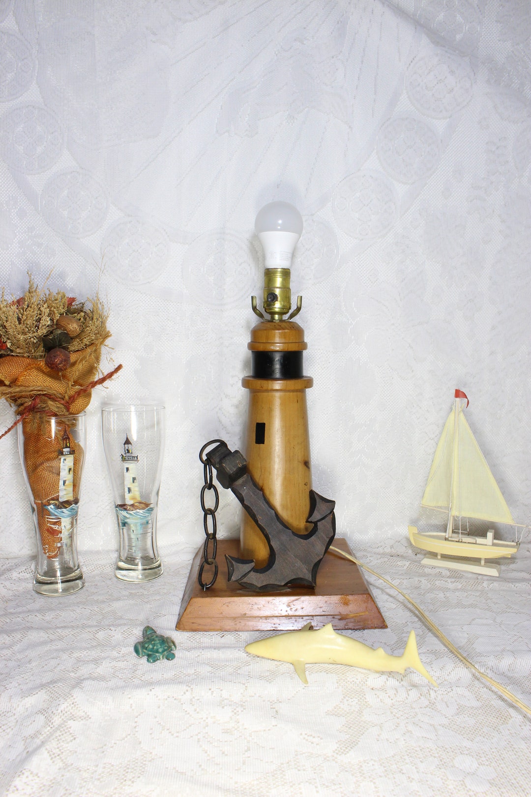 Vintage Lighthouse Wood Electric Table Lamp With Carved Wood Ship ...