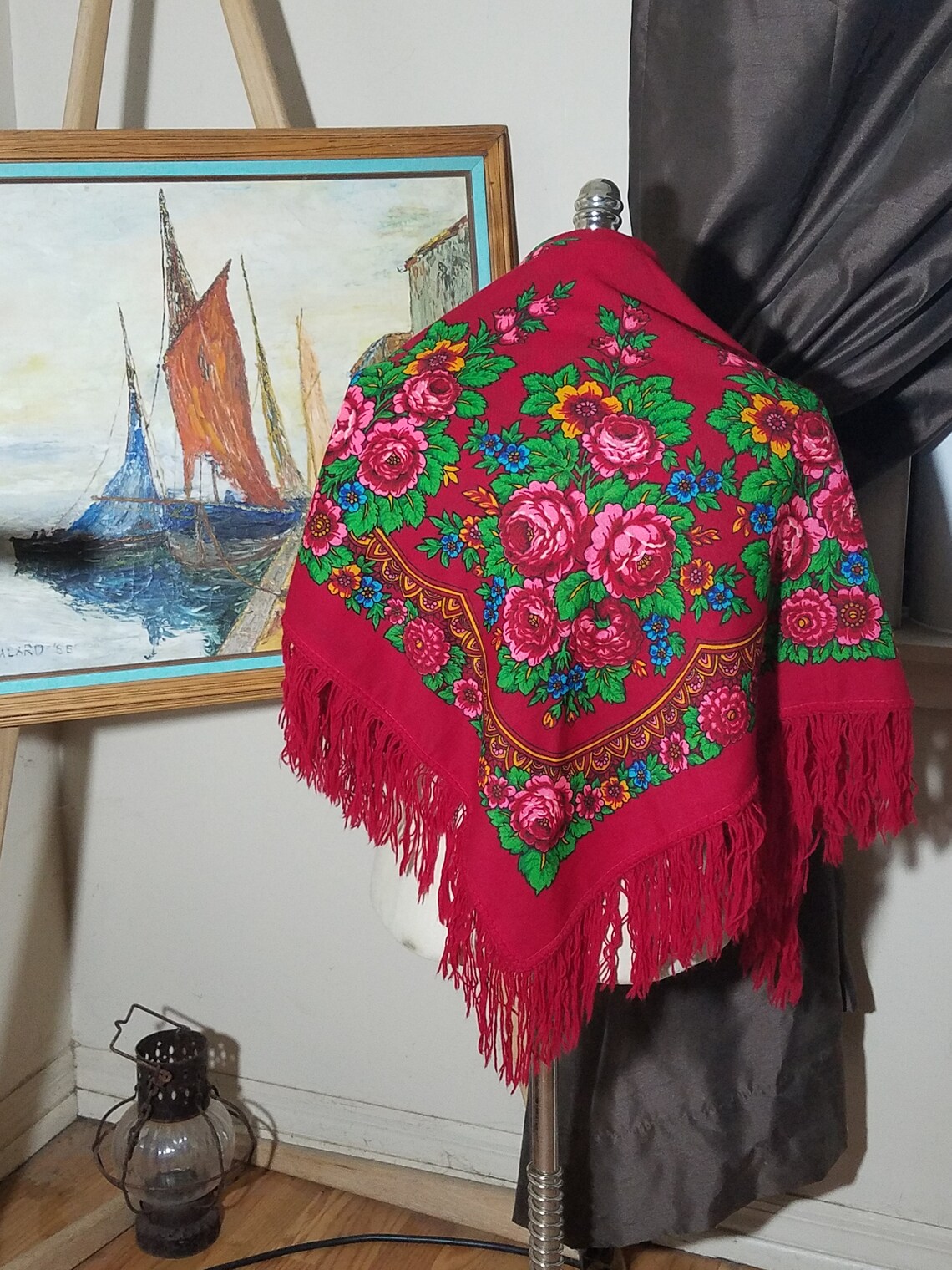 Vintage Large Shawl Red and Pink Roses Rayon Blend Spanish | Etsy