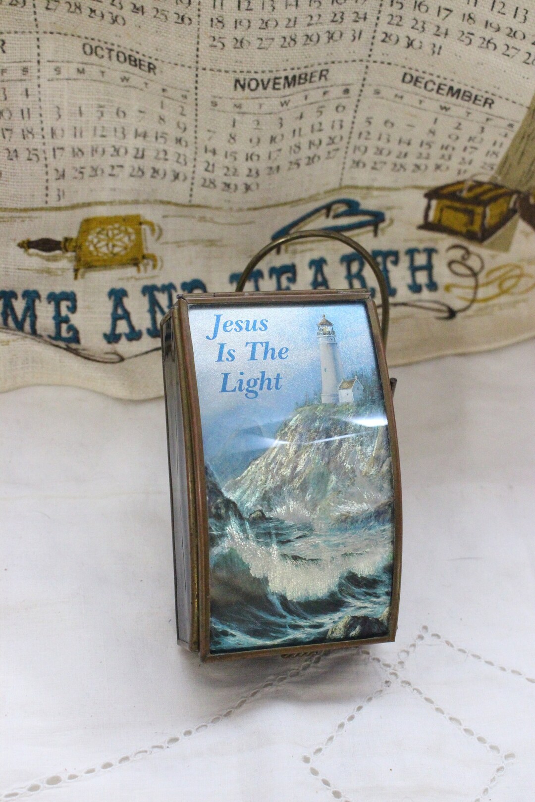 Vintage Christian Glass and Brass Storage Box, Foil Art Jewelry Box by ...