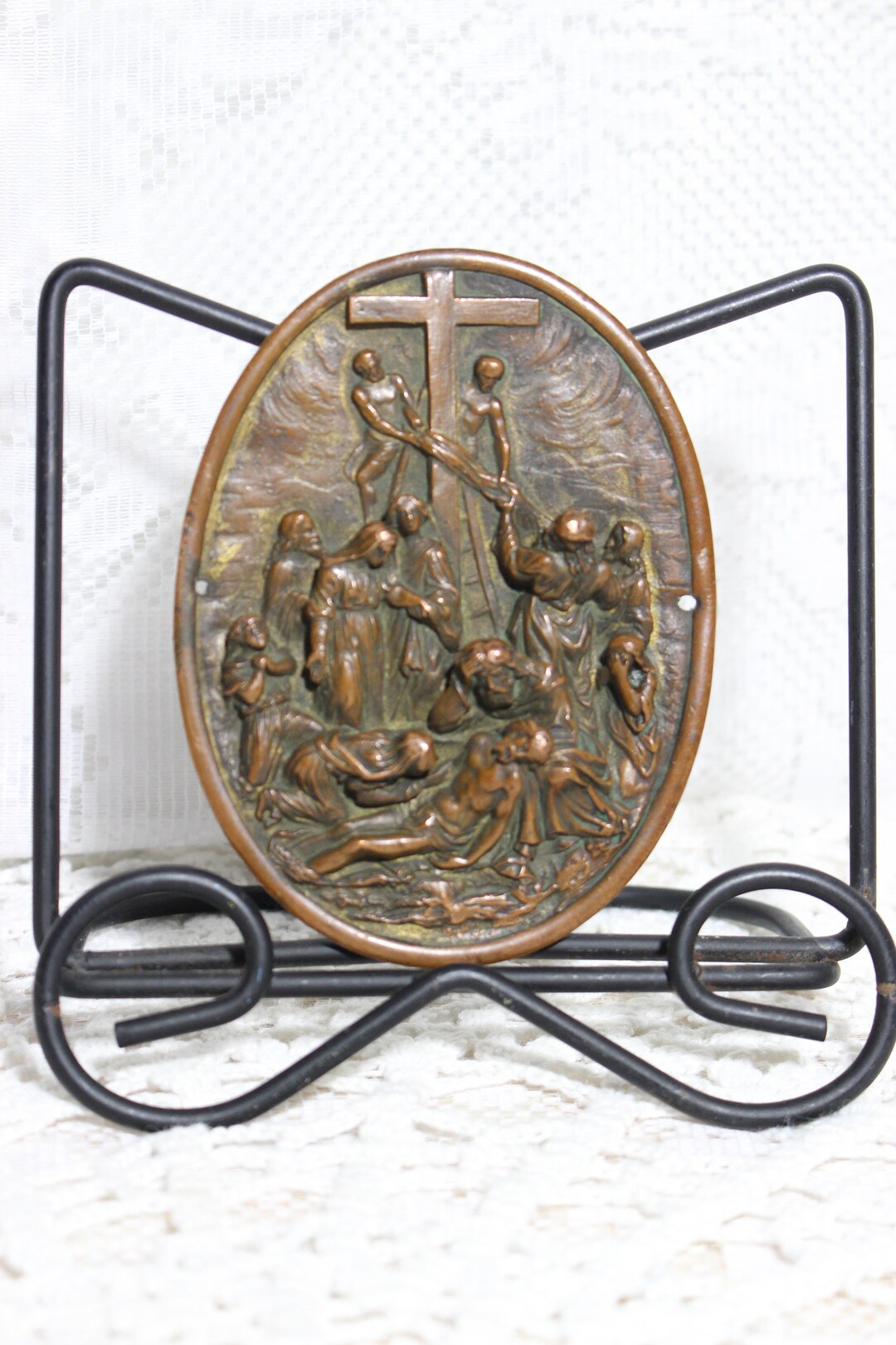 Antique 3D High Relief Religious Oval Bronze Plaque, Jesus Descending ...