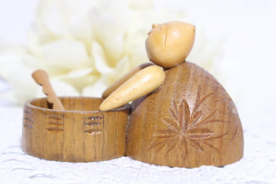 Miniature Turned Wood Salt Cellar, Vintage Handmade Carved Starburst ...