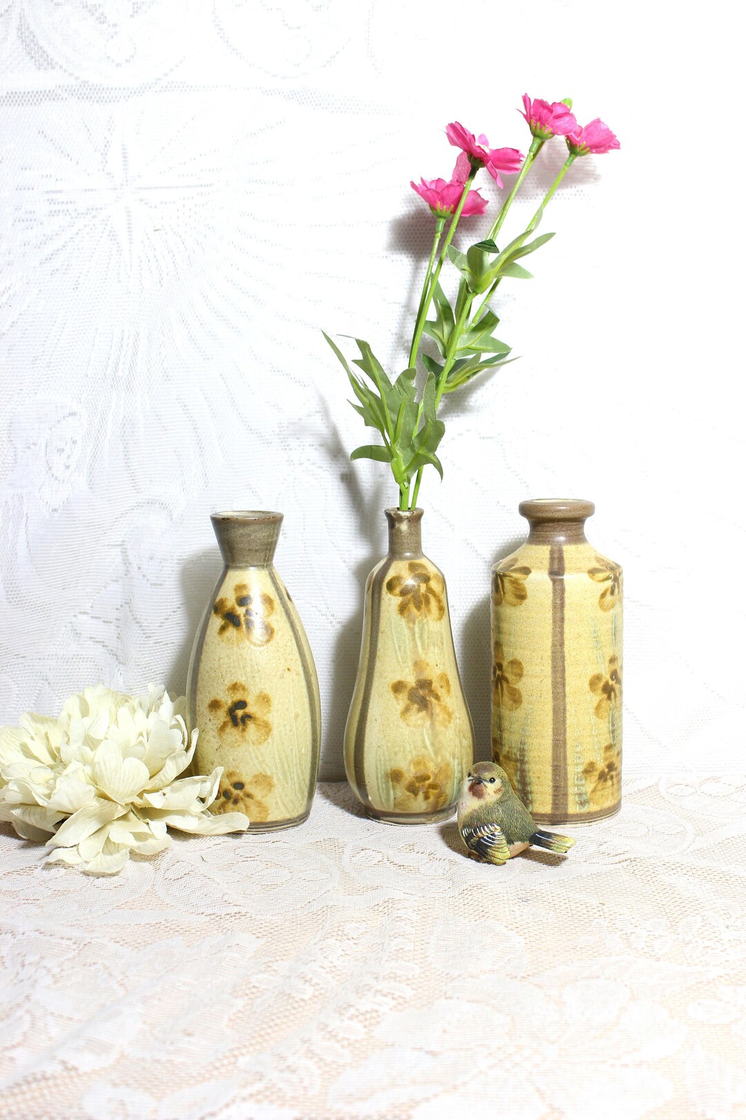 Vintage Napco Japan Stoneware Vases Yellow and Brown Hand Painted Set ...