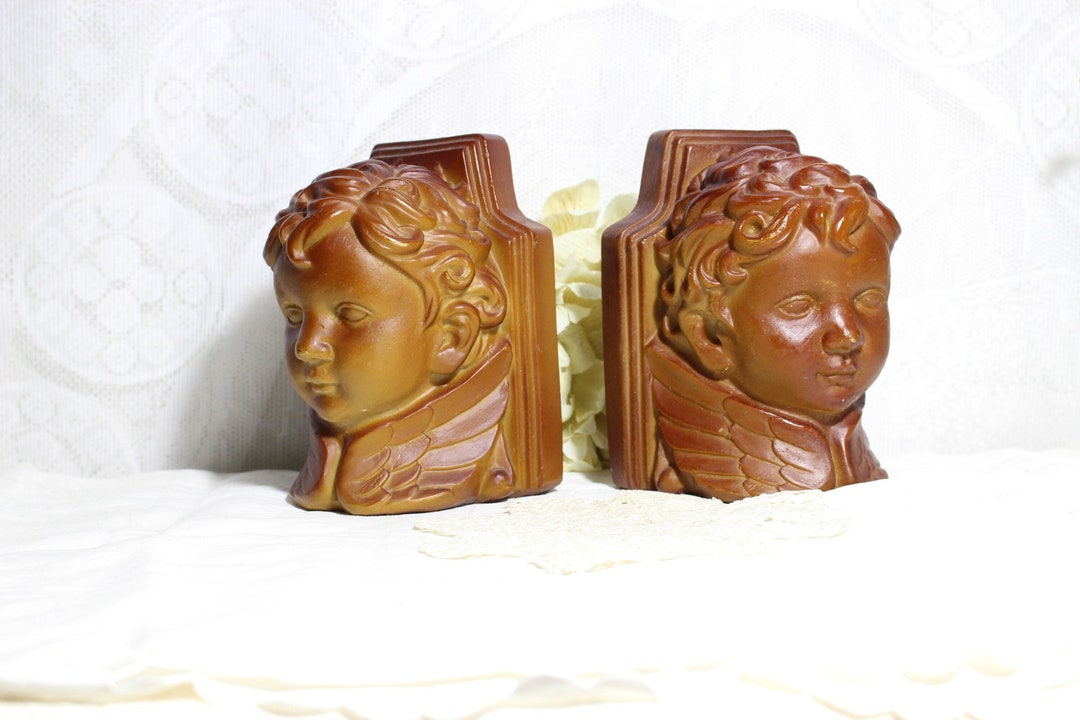 Vintage Cherub Head Bookends, Heavy Plaster Angel Book Holders, Made in ...