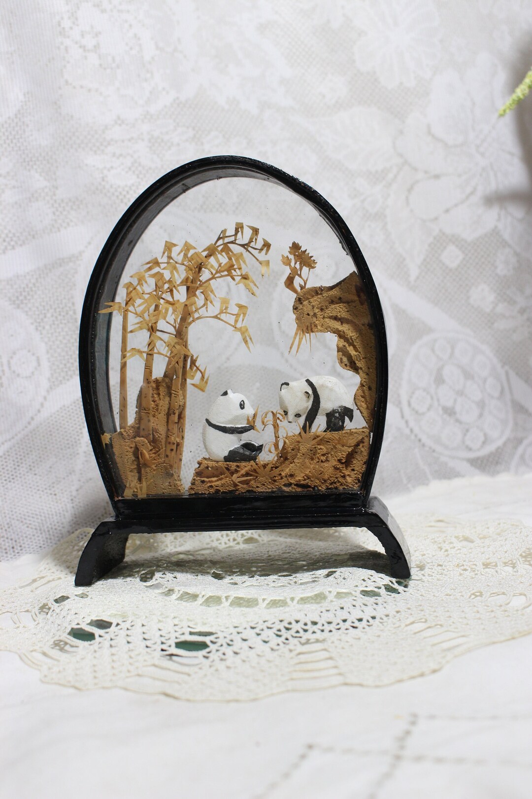 Vintage Small Chinese Panda Cork Carving Diorama Art in Oval Black ...