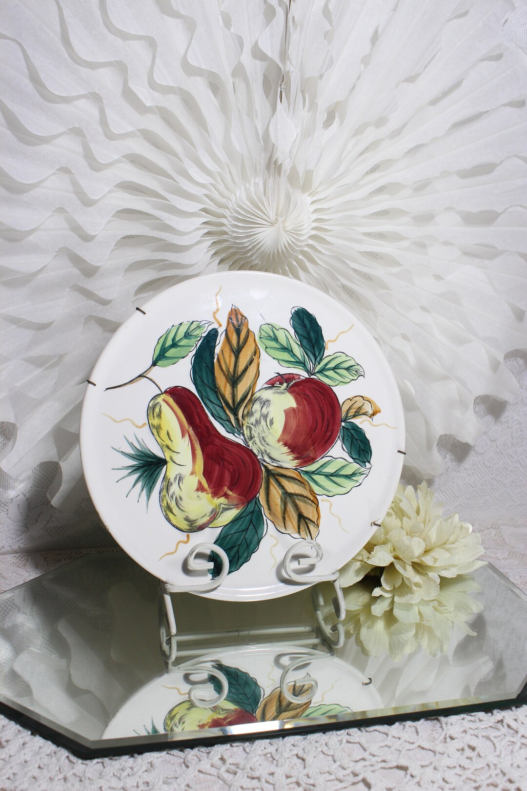 Vintage Porcelain Plate, Wall Hanging Hand-painted Fruits, Pear and Apple, Kitchen Wall Decor ...