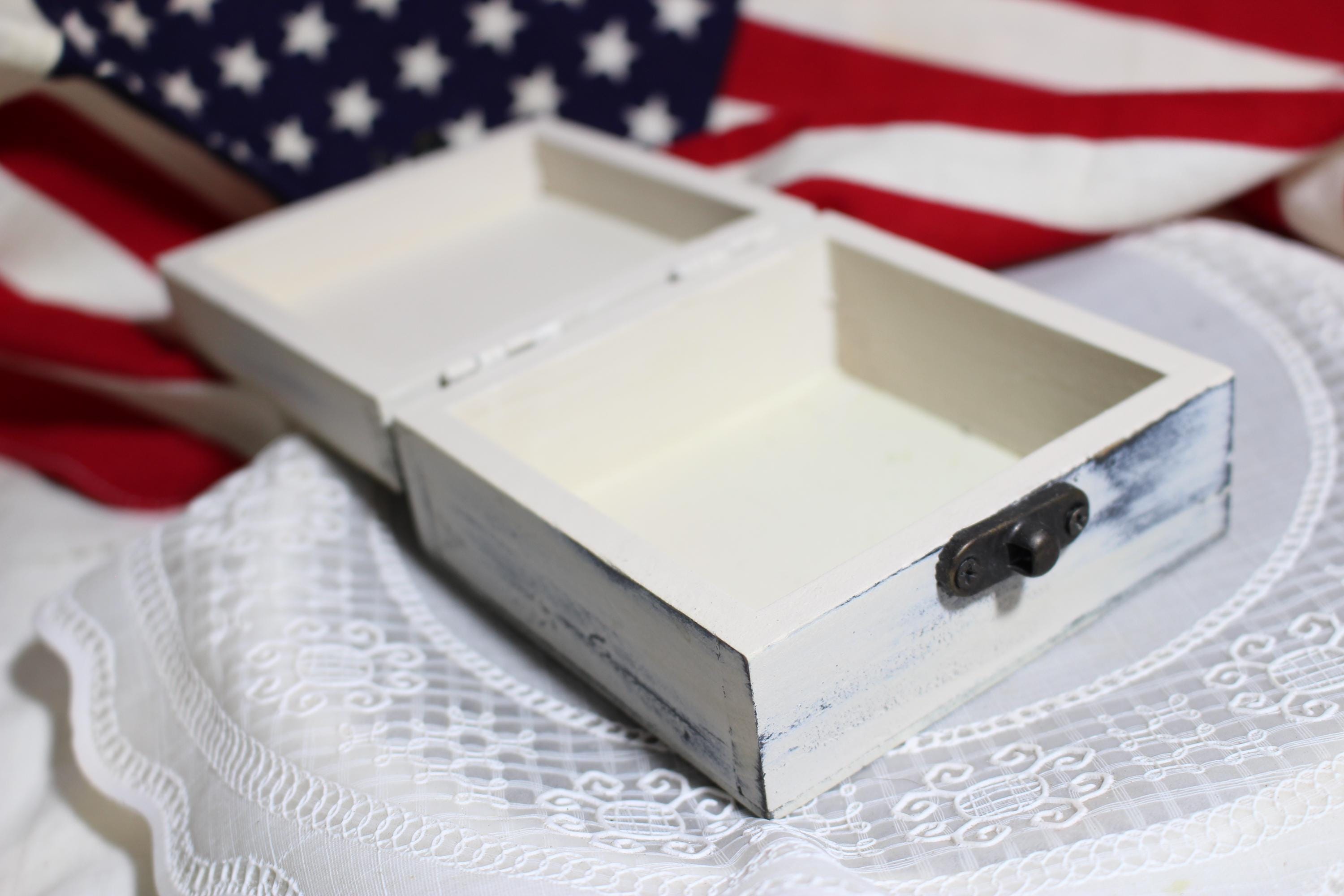 Small Wood Patriotic Storage Box, Square Ring Box, Romantic Hearts ...